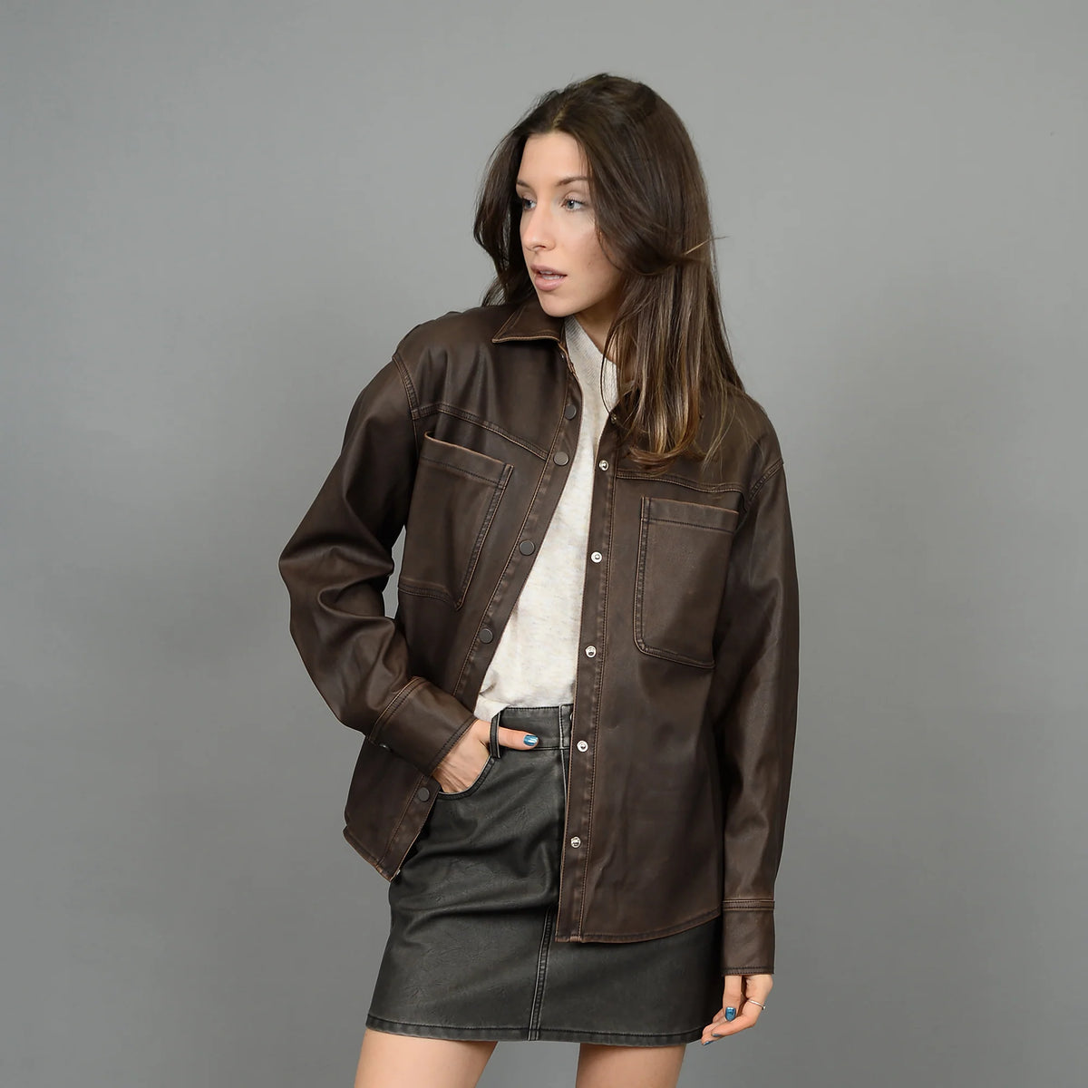 Aliska Distressed Faux Leather Snap Front Shirt | Cedar Brown – Bella Chic