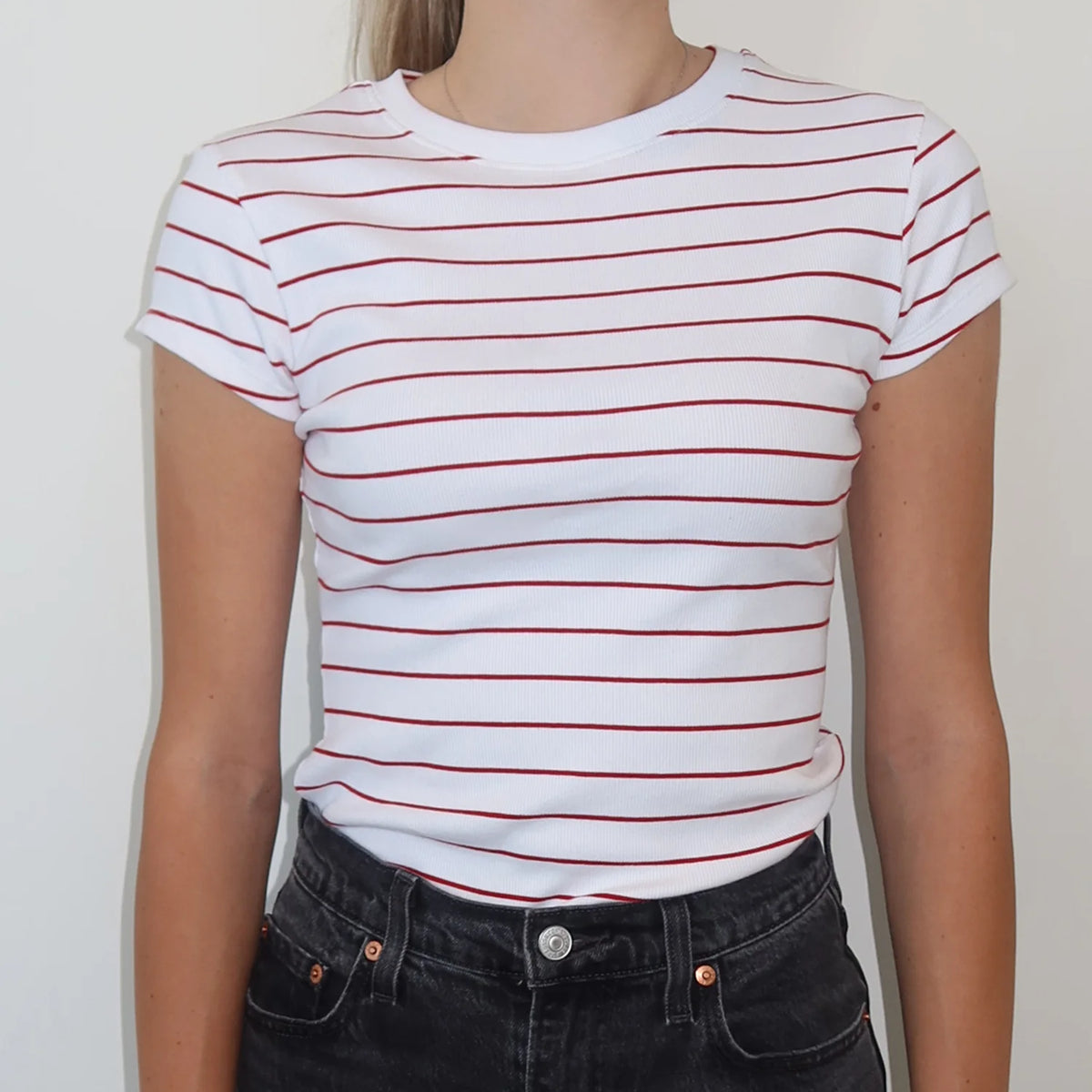 The Ribbed Fitted Tee | Red/ White Stripes – Bella Chic