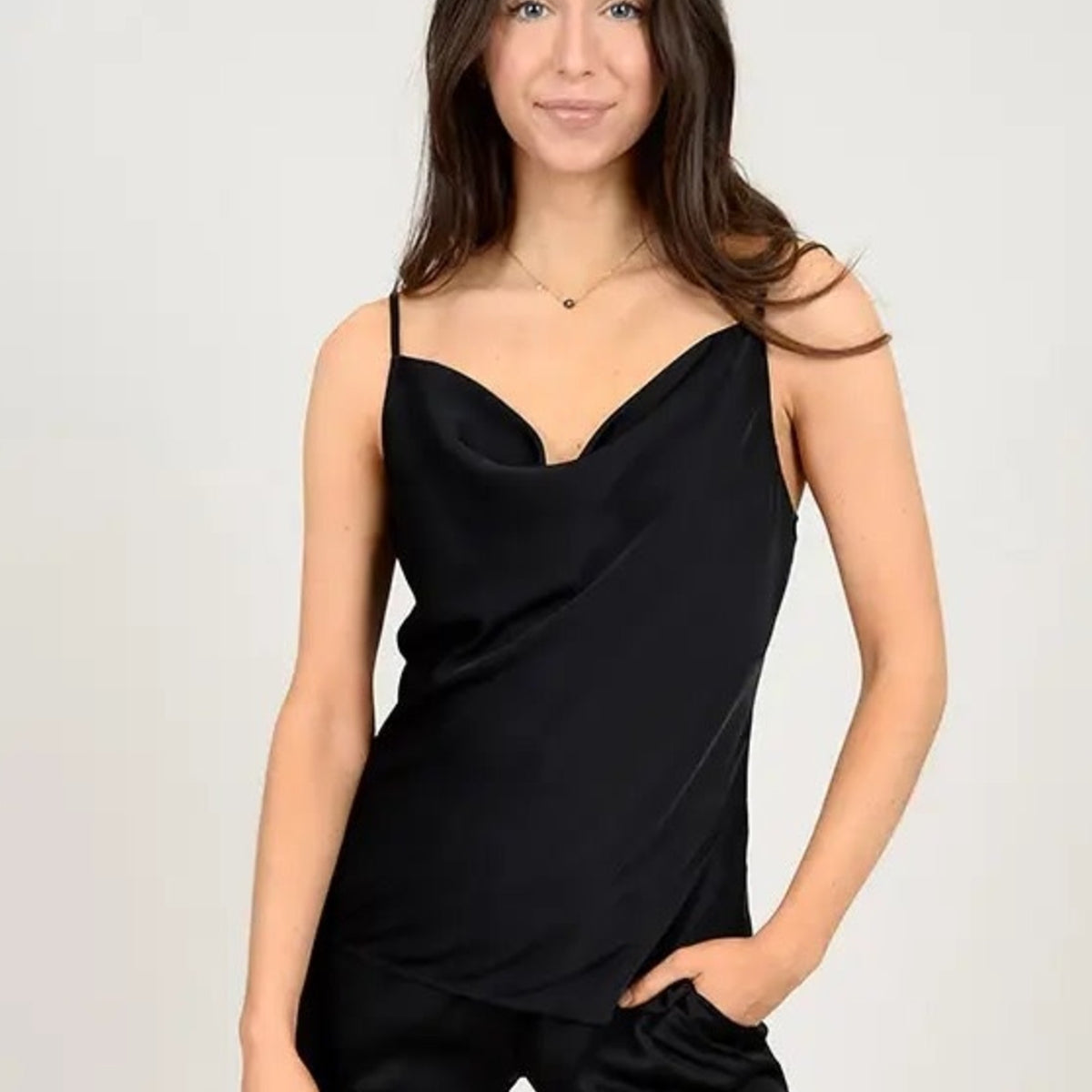 Coline Satin Cowl Tank | Black – Bella Chic
